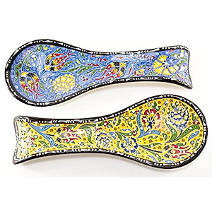 Canarels Ceramic Spoon Rest for Kitchen Counter, Set of 2 – Handcrafted Kitchen Utensil Holder – Modern Farmhouse Kitchen Decor and Accessories, Spoon Holder for Stove Top (2 Pcs- Blue&Orange)