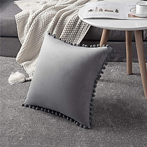 DEZENE Decorative Pillow Cases 18x18 Light-Grey: 2 Pack Cozy Soft Pom-poms Velvet Square Throw Pillow Covers for Farmhouse Home Decor