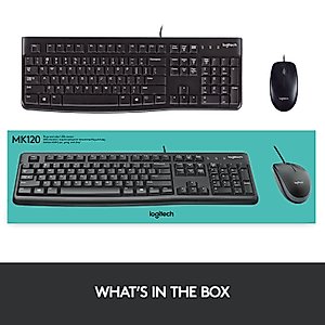 Logitech MK120 Wired Keyboard and Mouse Combo for Windows, Optical Wired Mouse, Full-Size Keyboard, USB Plug-and-Play, Compatible with PC, Laptop - Black