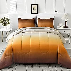 Gradient Brunt Orange Comforter Set Queen 7 Pieces Ombre Abstract Bed in a Bag Set for All Season - Lightweight Microfiber Bedding Set with Comforter, Pillowcases, Pillow Shams, Flat/Fitted Sheet