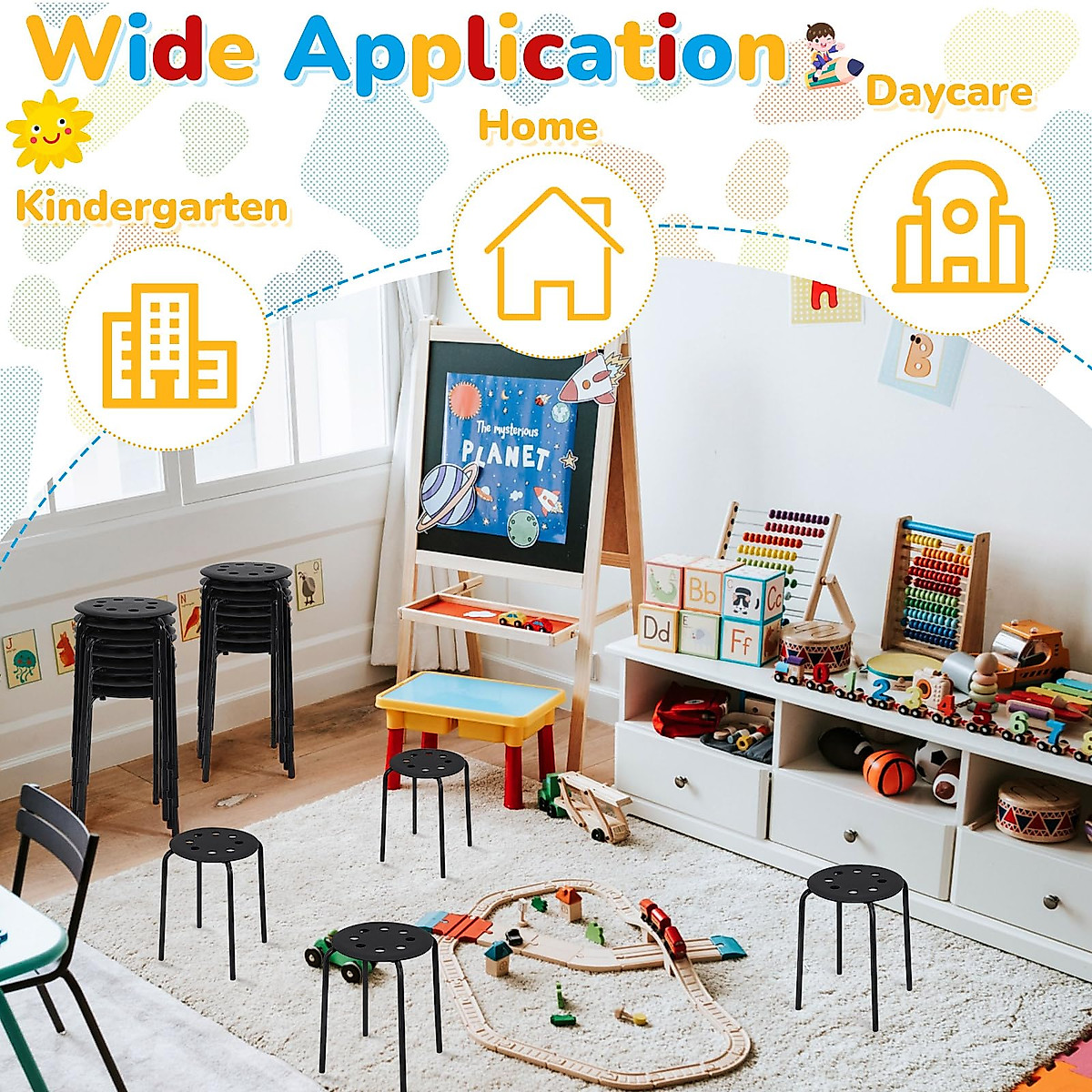 Thyle 20 Pcs Stacking Stools 17.5 Inch Kids Chair Plastic Metal Round Stacking Stool for Kids Adults Stackable Stools Flexible Seating Classroom Furniture for Home Office School (Black)