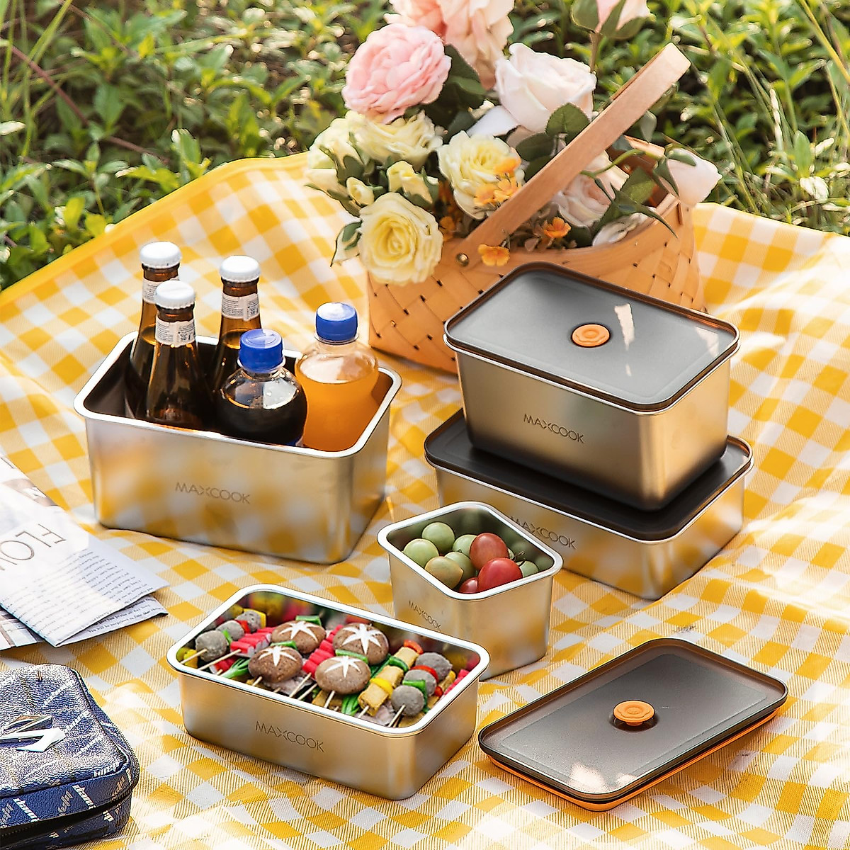 MAXCOOK Large Stainless Steel Food Containers With Lids, 118 oz Food Storage Container set, Leak Proof Metal Food Container Bento Box, Snack Container Set with Lid (Dishwasher & Freezer Safe, 3500 ml)