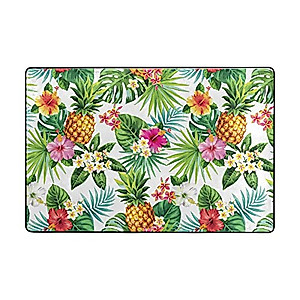 VIGTRO Tropical Pineapple Floral Area Rug 36×24in Spring Palm Fronds Floor Carpet Non-Slip Indoor Door Mat for Kitchen Hallway Living Room and Bedroom Area