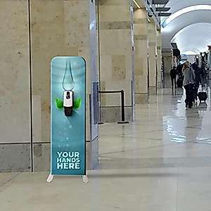 BannerBuzz Hand Sanitizer Automatic Dispenser Floor Stand Kit Touchless Machine with YOUR HANDS HERE Fabric Banner Stand Best for Hospital, Home, School, Office- 2 X 6.5 Ft (Double Side Print, Theme2)