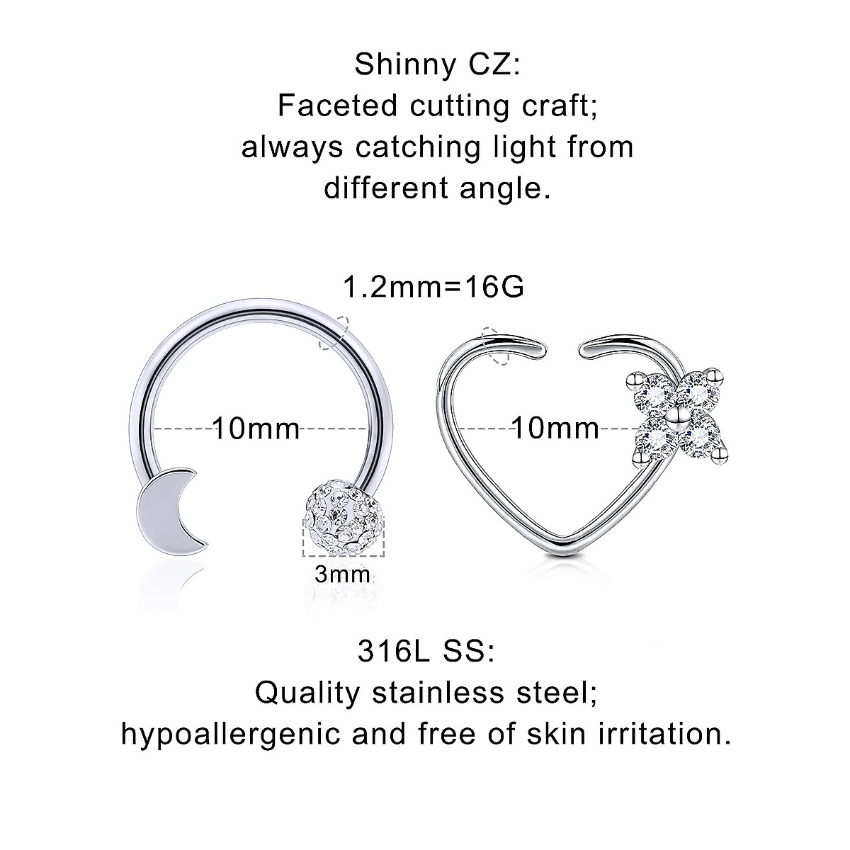 Ftovosyo Left Ear Daith Earrings 16G Heart Moon Daith Piercing Jewelry for Women Stainless Steel Cartilage Forward Helix Tragus Piercing Jewelry Plated CZ Hinged Septum Clicker Rings