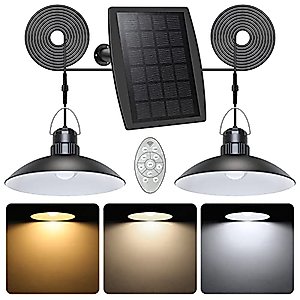 AGPTEK Solar Pendant Lights Outdoor Indoor, Dual Head Solar Shed Lights IP65 Waterproof Solar Lamp Indoor Solar Lights with Remote for Shed, Gazebo, Home, Patio, Barn, Chicken Coop, Porch, Garage