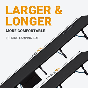 FUNDANGO Camping Cot Bed, Extra Long Lightweight Folding Compact Portable Sleeping Cot for Adult, Backpacking, Hiking, Camping, Travel, Office Nap, Outdoor, Indoor, Black