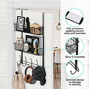 LUCYCAZ Over The Door Hooks Organizer, Door Hanger Towel Rack with 10 Coat Hooks & 2 Mesh Basket Over The Door Shelf, Back of Door Storage Organizer for Barthroom Kitchen Hanging Towel Clothes (Black)