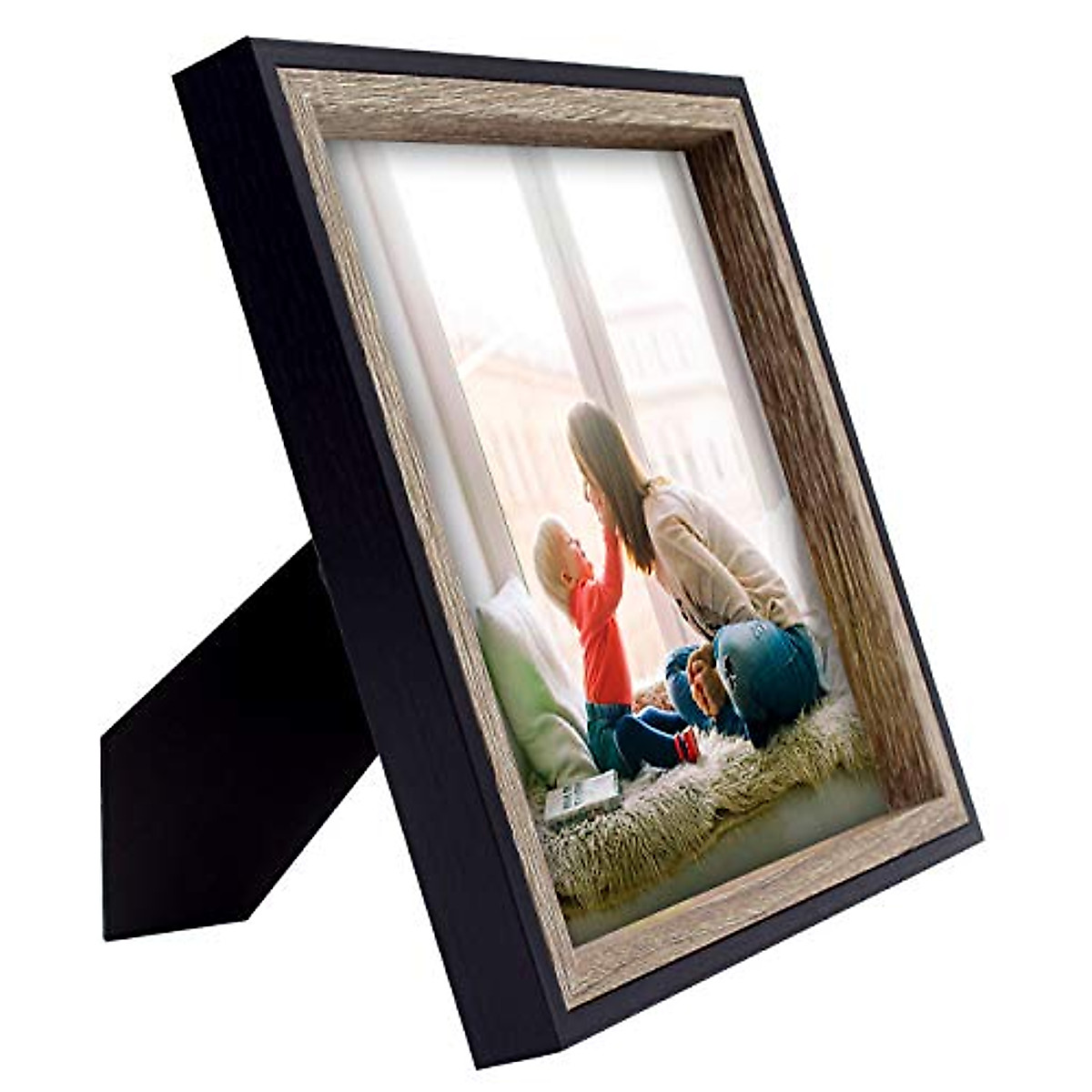 Golden State Art, 8x8 Tall/Split Molding Picture Frame, Includes Easel for Tabletop Display and Sawtooth Hangers for Wall Display Excellent for Weddings, Events, Memories (Black/Grey, 1 Pack)