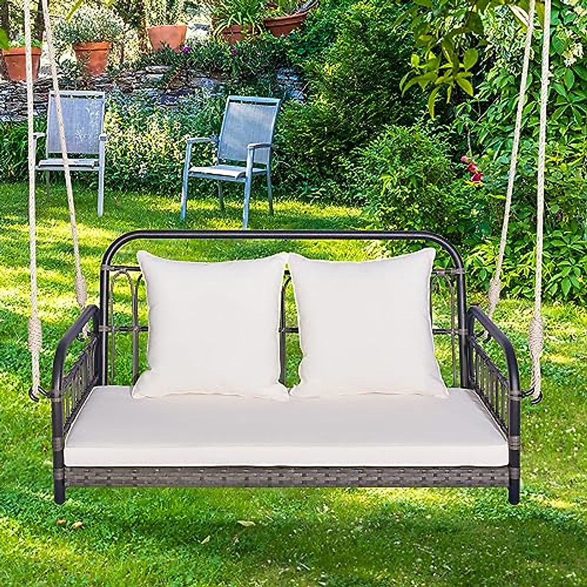 Tangkula Outdoor Wicker Porch Swing, 2-Person Hanging Seat with Seat & Back Cushions, Heavy-Duty Metal Frame & 2 Sturdy Hanging Ropes, Wicker Woven Swing Loveseat for Front Porch