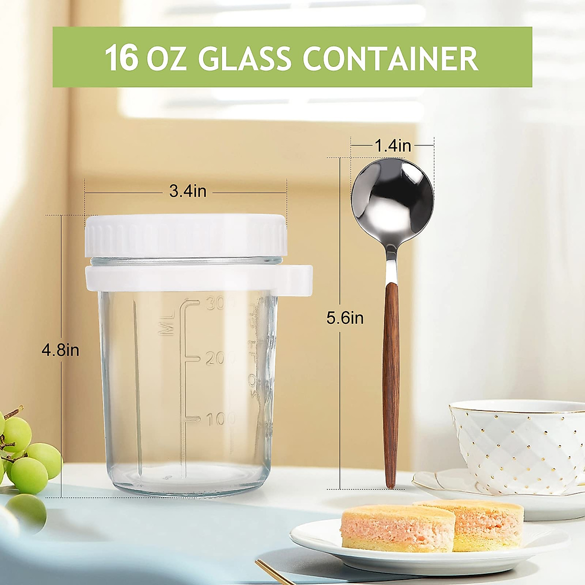 Xigugo Overnight Oats Jars, Overnight Oats Container with Lid and Spoon, 10 oz Cereal, Milk, Vegetable and fruit Salad Storage Container with Measurement Marks (white2)