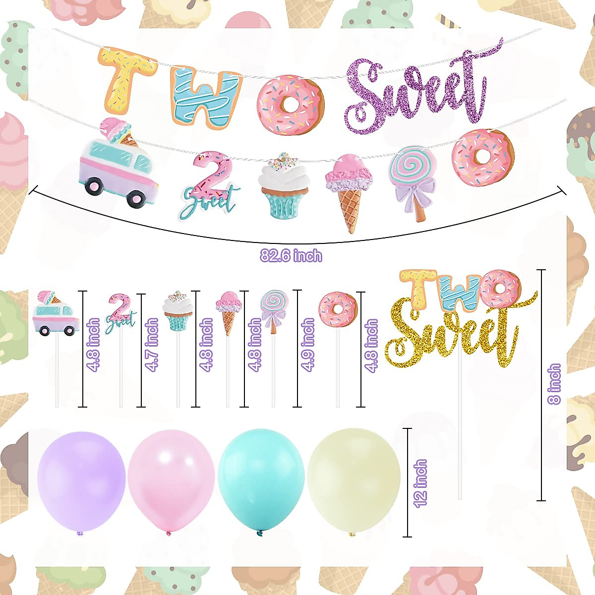 Two Sweet Ice Cream Birthday Party Decorations, Two Sweet Party Banner Cake Cupcake Toppers Macaron Balloons for Kid Ice Cream/Donut Theme Second Birthday Party Girls Ice Cream 2nd Bday Party Supplies