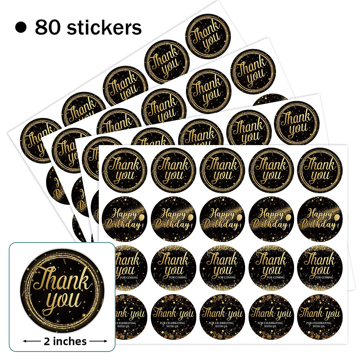 80 Pieces Black Gold Happy Birthday Thank You Stickers, Boy Girl Big Milestone Bday Party Decorate Round Party Gift Wrap Bag Label Decorations, 4 Design Stickers