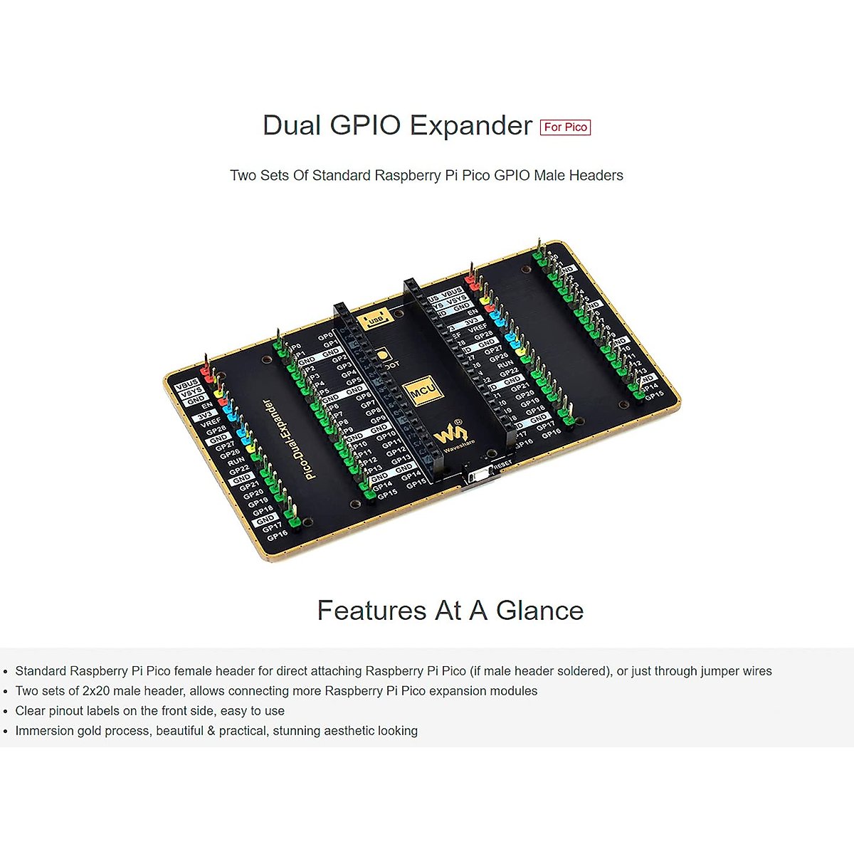 BFab Dual GPIO Expander for Raspberry Pi Pico,Two Sets of 2x20 Male Header for Connecting More Expansion Modules,Direct Attaching or Jumper Wires