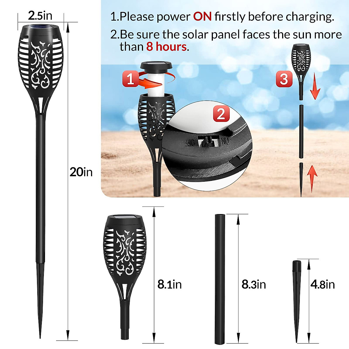 Walensee Solar Torch Lights with Flickering Flame, 8 Pack, 12 LED Tiki Mini Torch, Waterproof Solar Lights Outdoor, Landscape Decoration Lighting Dusk to Dawn Auto On/Off for Garden Patio Yard