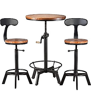 BOKKOLIK Industrial Bar Set Vintage Bar Table(33-39inch) and Set of 2 Rustic Bar Stools with Backrest(24-27inch) for Kitchen Dinning Room Coffee House
