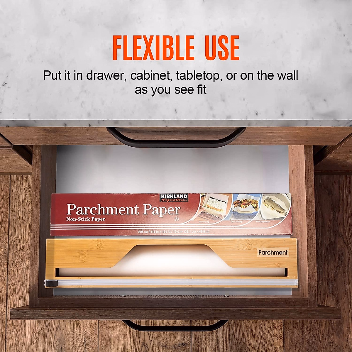 Libreshine Long Foil and Plastic Wrap Organizer with Cutter, Holder for 15 Inch Parchment Paper Roll, Bamboo Wall Mount Kitchen Wrap Dispenser