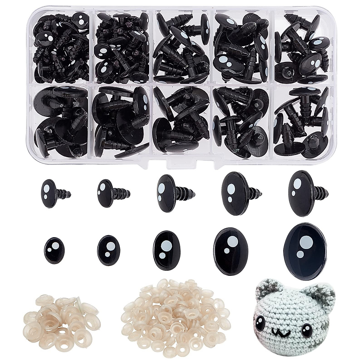 PH PandaHall 200pcs Kawaii Safety Eyes, 5 Sizes Craft Eyes Black Stuffed Animal Eyes Kawaii Eyes with Washers Oval Resin Felt Eyes for Amigurumi Puppet Teddy Bear Crochet Plush Animal Making