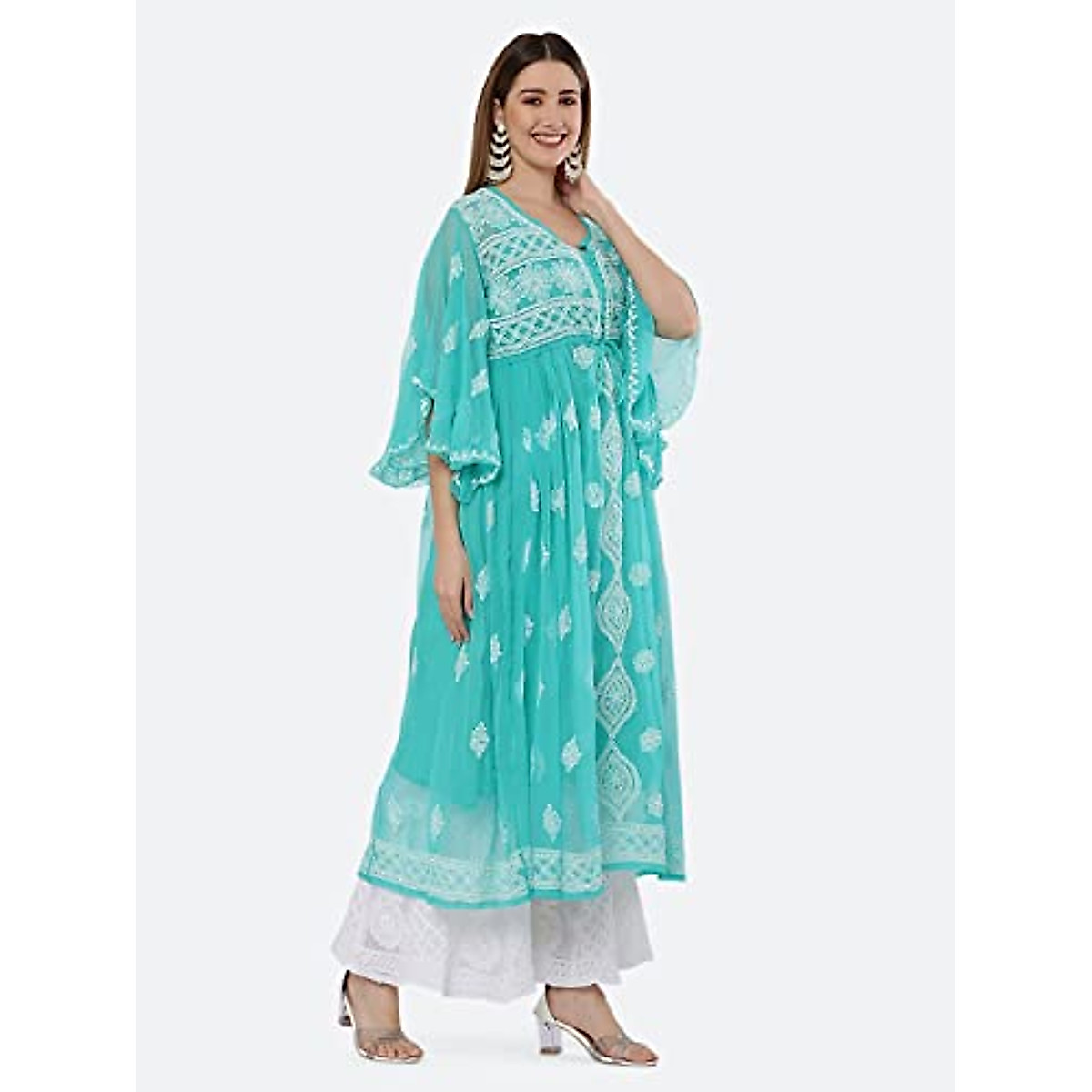 FAWOMENT Women's Lucknowi Chikan Embroidery Exclusive Panel Gown alongwith Kurti (S, Aqua Green)