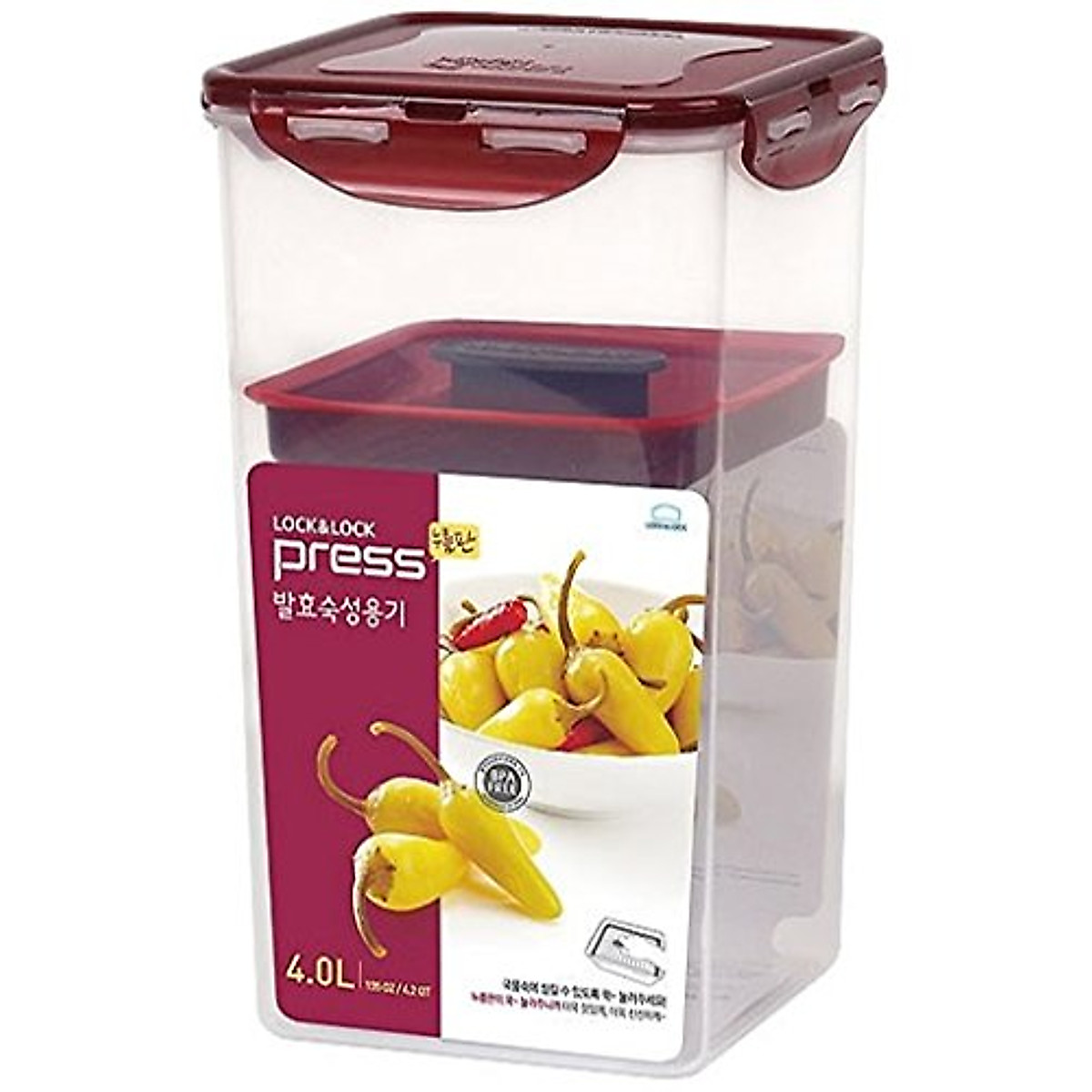 LockandLock Press Plate Leakproof Airtight Pickle Kimchi Container 4L / 135oz BPA Free One Handle Clear Body Maintain Fresher Taste