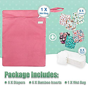 wegreeco Washable Reusable Baby Cloth Pocket Diapers 6 Pack + 6 Bamboo Inserts (with 1 Wet Bag, Flower)