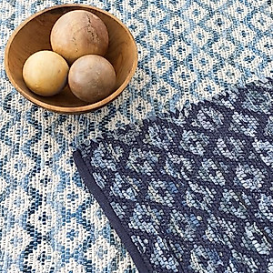 Dash and Albert Denim Rag Diamond Ivory Handwoven Cotton Rug, 3 X 5 Feet, Blue Geometric Pattern