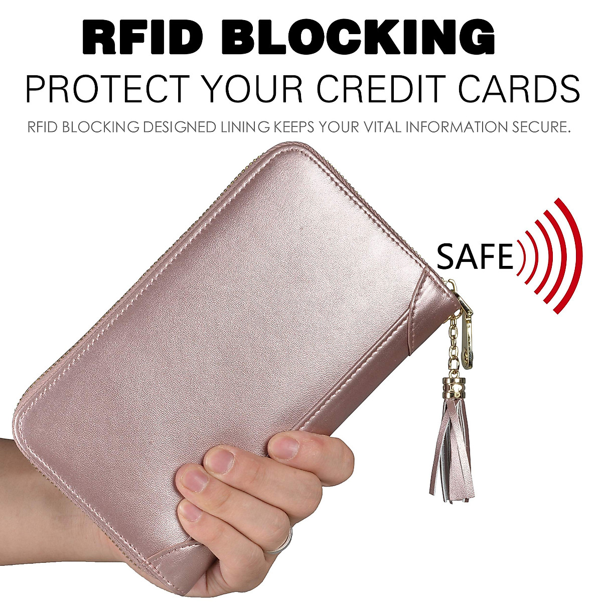 Easyoulife Credit Card Holder Wallet Womens Zipper Leather Case Purse RFID Blocking (Rose Gold)