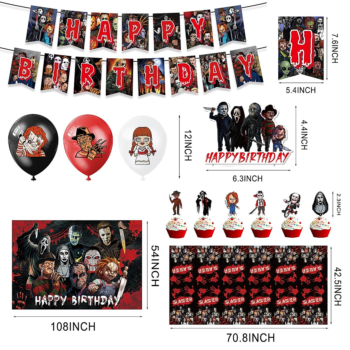 Horror Classic Movie Birthday Supplies, Horror Themed Character Party Decorations Includes Banners, Cake Toppers, Balloons, Cupcake Toppers, Backdrop, Tablecloths, Scream Party Gift for Fans Kids