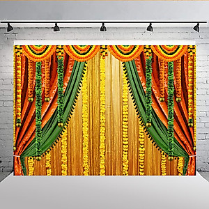 Lofaris India Pooja Photography Backdrop Puja Ganpati Pooja Traditional Mehndi Festival Background Diwali Decorations Wedding Party Marigold Garlands Photo Props 7x5ft