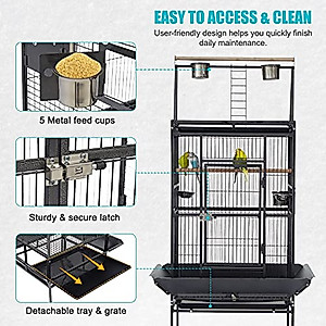 Kinsuite Large Bird Cage with Play Top, 68 Inch Iron Parrot Bird Cage with Rolling Stand for Parakeets Lovebird Cockatiel Pet Birds, Black