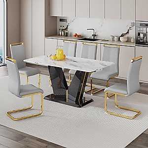 Pvillez 63 inch Marble Dining Table, Modern Dining Table for 4 6 People, Kitchen Table with Rectangular White Faux Marble Top & V Shape Pedestal Base Dinner Table for Dining Room Kitchen Living Room