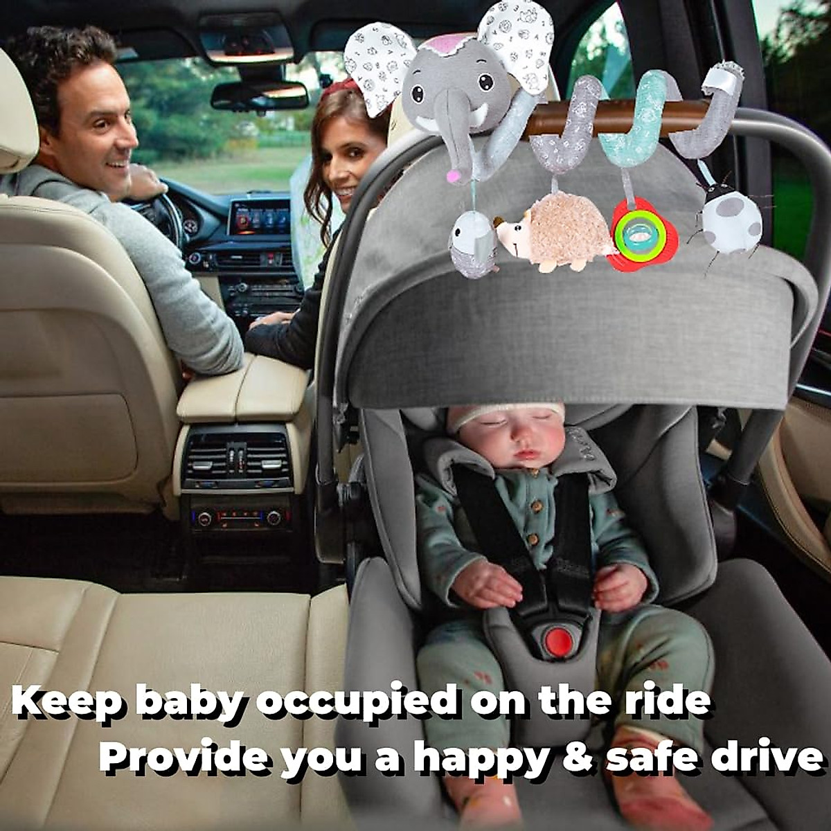 Baby Car Seat Toys, Hanging Stroller Toys for Baby 0-6 Months Infants Activity Spiral Toys with Musical Owl Rattles Hedgehog Beep Ladybug Squeaker - Gray Elephant Toys for Newborn Baby 0 3 6 12 Months