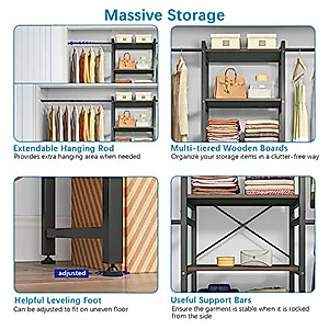 Timate P6i Heavy Duty Garment Rack Clothes Rack Adjustable Walk in Closet Organizer System Wall Mounted Closet Organizer Kit Expandable Hanging Rod 5-Tier Closet Storage Shelves, Fit 6-9ft Space Black