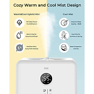 Cool and Warm Mist Humidifiers for Bedroom Large Room, Syvio 6L Top Fill Air Humidifiers for Baby, Plants, Whole House Quick Humidify up to 755 sq.ft, Remote Control, with 1 Fish-Filter, Milky White …