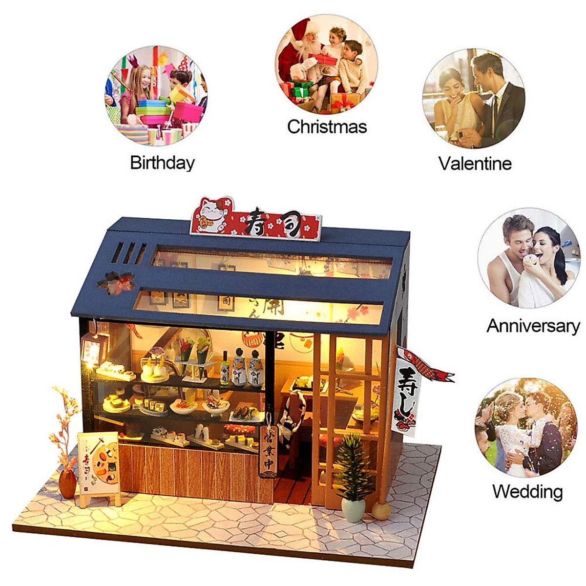 XLZSP DIY LED Lights Miniature Dollhouse Kit Street Shop Doll House Model Wooden Furniture for Valentine's Day Creative Gifts (Sushi)