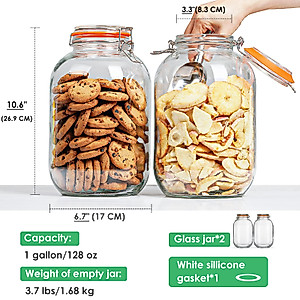 Qianfenie Glass Jars with Airtight Lids, 2 Pack - 1 Gallon Wide Mouth Storage Mason Jars with Hinged with 1 Replacement Silicone Gaskets for Fermenting, Canning, Preserving
