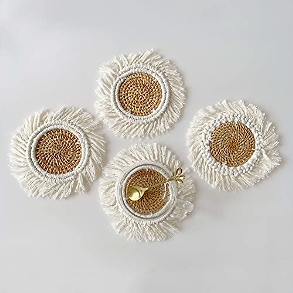 ConspiringUniverse Rattan Macrame Boho Coasters | Bohemian Set of 4 Table Decor Cute Coaster Woven with Flat Absorbent Center for Desk, White, Tan