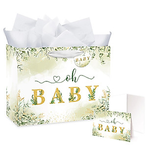 Mpanwen 16" Large Sage Green Baby Gift Bag, Baby Gift Bag for Girl Boy with Tissue Papers and Card