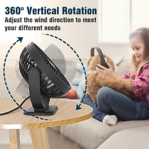 WayToLight 5.3 Inch Small Desk Fan with LED Light, 3 Speeds, USB Powered Table Fan, 360° Rotation Desktop Fan, Ultra Quiet, Mini Personal Fan for Office,Table, Study, Bedroom