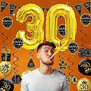 30th birthday decorations for him - (76pack) black gold party Banner, Pennant, Hanging Swirl, birthday balloons, Tablecloths, cupcake Topper, Crown, plates, Photo Props, Birthday Sash for men gifts