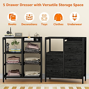 Furnulem Dresser for Bedroom with 5 Fabric Drawers, Vertical Chest of Drawers and Nightstand for Bedroom, Black Furniture with Fabric Drawer Organizer Unit in Living Room,Closet,Entryway,Hallyway