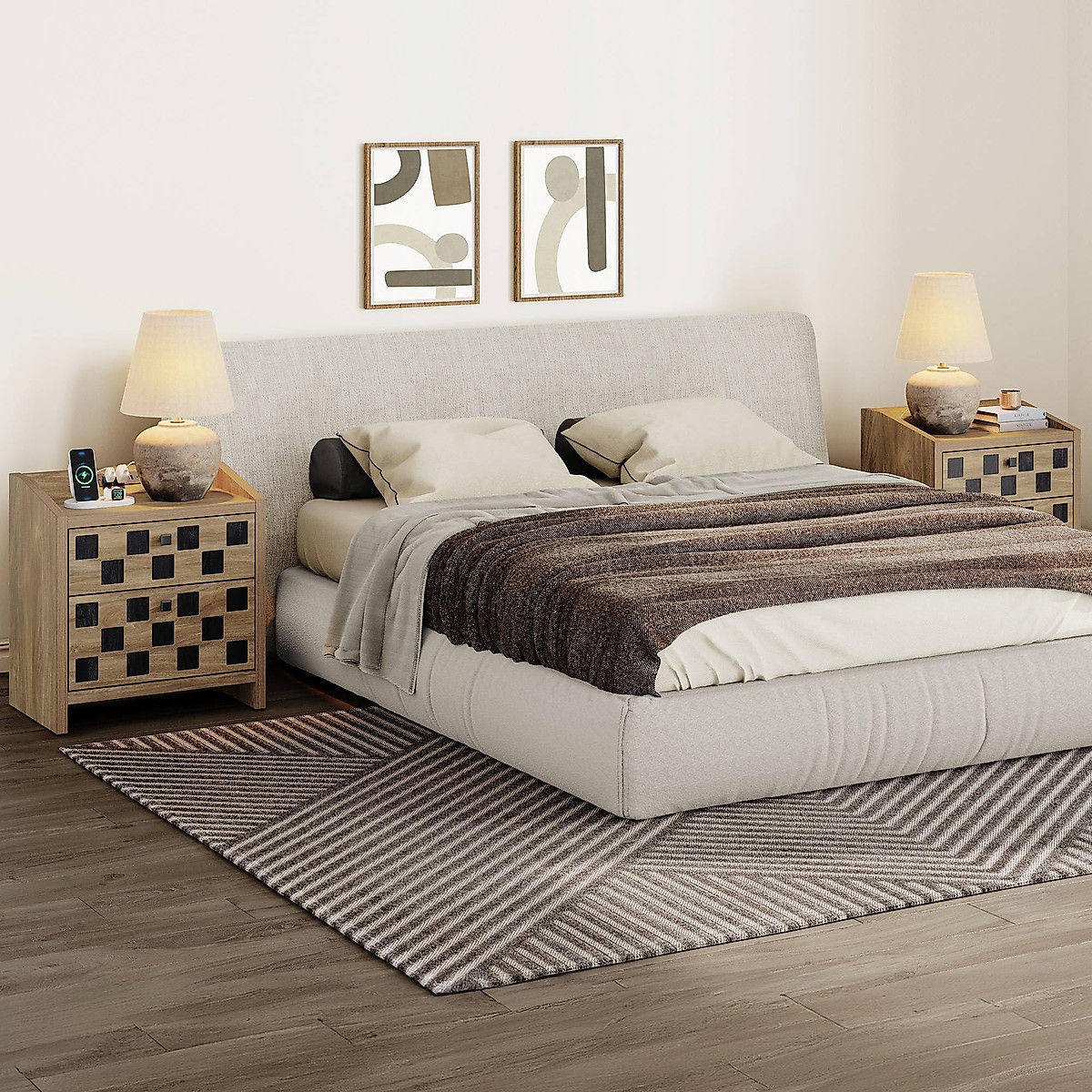 SICOTAS Wide Nightstands Set of 2 with Charging Station and USB-C Port, 24" Large Wood Night Stand with 2 Drawers, Bedside Table with Checkered Pattern Decor, End Side Table with Storage for Bedroom