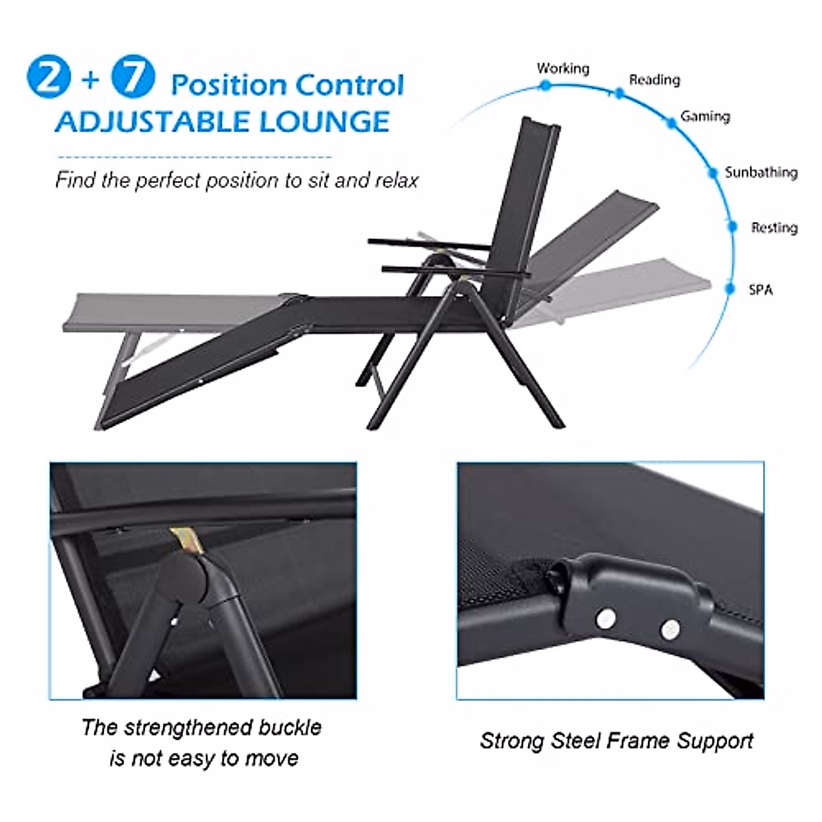 AECOJOY Outdoor Lounge Chair, Adjustable Reclining Folding Pool Lounger with 7 Back & 2 Leg Adjustable Positions, Chaise Lounge for Outside Patio, Poolside,Deck, Black