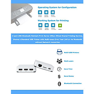 3-Port USB Blue~Tooth Network Print Server | Converts USB Printers to Wireless Network & Blue~Tooth Printers for Windows