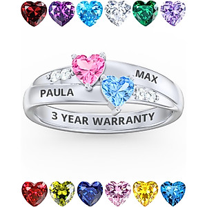 PaulaMax Jewelry Promise Rings for Her – Custom Engraved Birthstone Ring for Women in Sterling Silver or White Gold – Personalized 2 Heart Birthstones, Sizes 5-12