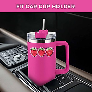 40 ounce insulated cup with handle, double-layer vacuum stainless steel material, equipped with straw, can keep warm or maintain cold drinks Fruit Strawberry Bright pink