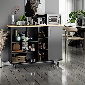 QAQA 48" Kitchen Island Cart Furniture cart on Wheels with Storage，Rolling Portable Dining Room Serving Utility Carts Mobile Movable with Drawers Cabinet,Black
