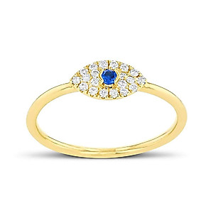 Takar 10k Solid Gold Diamond Dainty Ring With Sapphire Birthstone, Evil Eye Ring, Good Luck Ring For Women, Made In USA, Gold Minimalist Jewelry In Rose, White And Yellow Gold