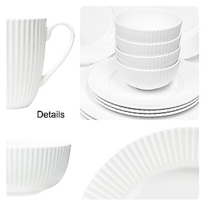 Bone China 20 Piece Dinnerware Set Dishes, Service for 4, White Embossed stripe, Microwave Safe, Chip Resistant, Kitchen Set, Essential Home, Formal, Everyday Living, Translucent, Elegant giftware