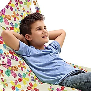Lunarable Floral Lounger Chair Bag, Spring Themed Illustration of Flower Petals 60's in Funny Tones Hippie Art, High Capacity Storage with Handle Container, Lounger Size, Cream and Multicolor